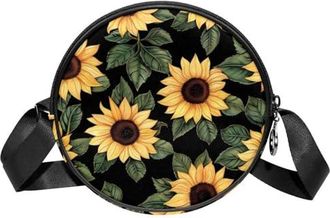 Generic Petit sac &agrave; bandouli&egrave;re rond pour femme, motif tournesol avec fermeture &eacute;clair, bretelles r&eacute;glables, style d&eacute;contract&eacute;, pour femmes et filles