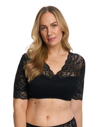 Susa Damen Dirndlbluse schwarz - 5568 - Größe 30-48 - Mit Spitze & V-Ausschnitt - Elegante halbarm Trachtenbluse - Elastisch & Blickdicht - ideal für tradi