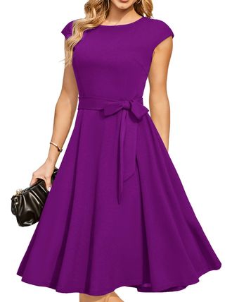 Dresstells Cocktailkleid Damen Festliche Kleider 1950er Knielang Rockabilly Hochzeitkleid Lila Abendkleid Kurz Swing Partykleid Vintage Petticoat Kleid Purple 3X