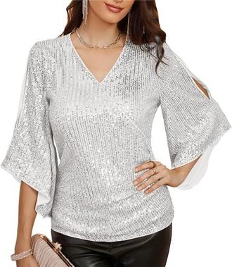 Grace Karin Cache-Coeur &agrave; Paillettes Scintillantes pour Femme Haut &agrave; Sequins Col Crois&eacute; en V Blouse Paillett&eacute;e Manches 3/4 &agrave; Taille Fronc&eacute;e XXL Argent&eacute;