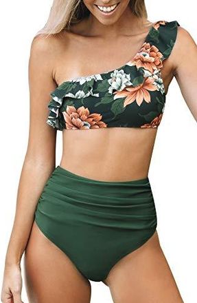 Cupshe Femme Bikini à Volants Motif Floral One Shoulder Ensemble Bikini Asymétrique Maillots de Bain 2 Pièces S