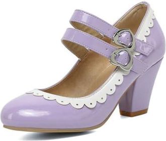 Generic Talons À Bout Rond Vintage - 7Cm Talon Bloc Épais Mary Janes Sangle De Cheville Réglable Escarpins De Bureau Rétro,Violet,47 EU