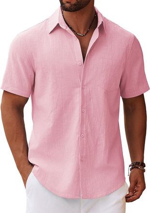 Coofandy Kurzarm Hemd Herren Kurzarmhemd Leinenhemd Sommerhemden Regular Fit Baumwolle Hemd Freizeithemd Strandhemd Männer Hemden Urlaub Rosa XXL
