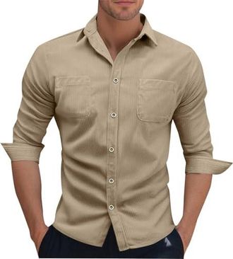 Generic Chemise boutonn&eacute;e en velours c&ocirc;tel&eacute; &agrave; manches longues pour homme - Veste de camionneur en coton avec poches - Coupe r&eacute;guli&egrave;re - D&eacute;contract&eacute;e - Solide 