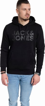 Jack & Jones Herren Corp Logo Sweat Hood Kapuzen Sweatshirt Basic Jumper Reg Fit (Black DarkGreyPrint, L)