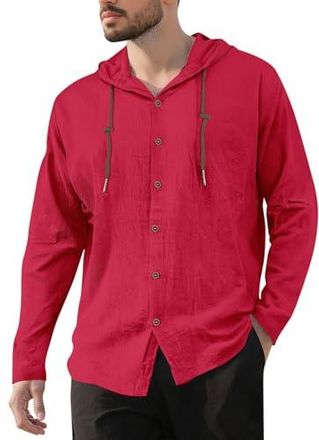 Generic Chemise en lin &agrave; capuche pour homme - T-shirt surdimensionn&eacute; en coton - T-shirt dentra&icirc;nement &agrave; boutons - T-shirt &agrave; manches longues d&eacute;contract&eacute; - Coup