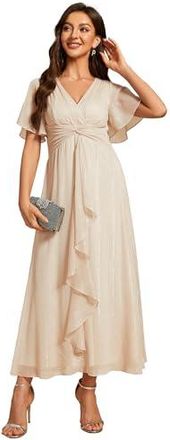 Ever-pretty Robe dInvité de Mariage Femme Longueur Manches Volantées Ceinture Col V Taille Empire A Line Brillante Robe de Demoiselle dhonneur Classique Champagne