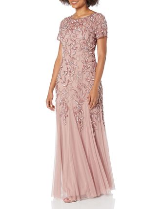 Adrianna Papell Damen FLORAL Beaded Godet Gown Formales Abendkleid, Rose Gold, 34