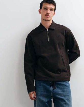 Fred Perry Sweatshirt mit halbem Rei&szlig;verschluss im Smock-Stil in Dunkelbraun