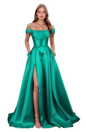 Generic Robes de bal en satin avec fente sans bretelles, corset trapèze, robes de bal à épaules dénudées, longues robes de soirée formelles avec poches, turqu