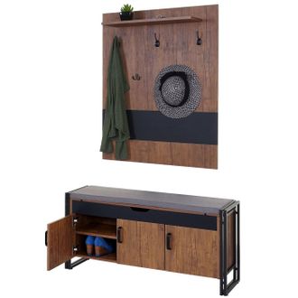 Mendler Garderobe mit Sitzbank HWC-A27, Garderobenpaneel Kommode, 53x110x30cm 3D-Struktur, MVG Wildeiche-Optik