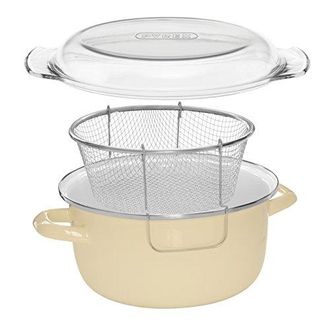 Premier Maison by Premier - Friteuse en acier &agrave; rev&ecirc;tement en &eacute;mail cr&egrave;me - couvercle transparent en Pyrex