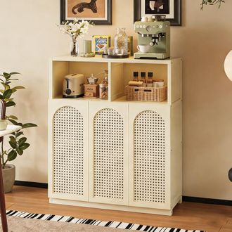 Generic Vintage-Sideboard aus Rattan mit gew&ouml;lbten Schrankt&uuml;ren Offene Regalb&ouml;den + geschlossene Stauf&auml;cher Teeschrank for zu Hause und Aufbewahrungsm&ouml;bel for