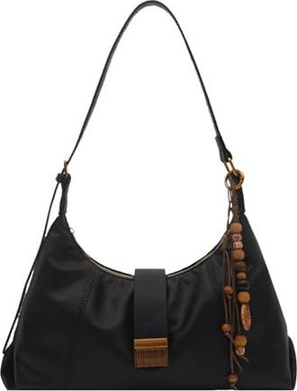 Generic Sac à bandoulière en polyuréthane de couleur unie avec grande poignée sur le dessus pour femme, voyage, shopping, usage quotidien, Noir, 13.39x10.24x3