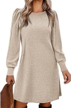 Generic Robes dautomne pour femmes 2025 Robe pull &agrave; manches longues et col rond, robe pull fluide et d&eacute;contract&eacute;e, longueur genou, abricot, XXL