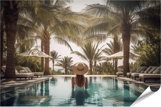 Islandburner XXL Bild Poster Frau Entspannt Sich Im Pool Unter Palmen Mit Sonnenschirm Premium Bilder Fotodruck