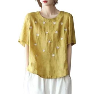 Generic T-shirt d&eacute;t&eacute; pour femme avec broderies et lin d&eacute;contract&eacute; - Design r&eacute;tro litt&eacute;raire - Couleur unie - Manches courtes, jaune, XXL
