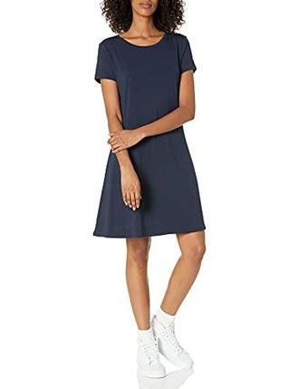 Amazon Essentials Robe trapèze à Manches Courtes, Encolure dégagée (Disponible en Grande Taille) Femme, Bleu Marine, L