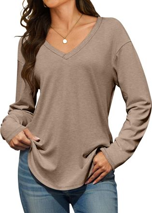Onsoyours Damen Tiefer V-Ausschnitt Tshirt Langarm Tunika Herbst Winter Oberteile Casual Longshirt Basic Tops A Khaki XL