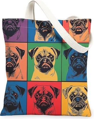 Generic Sac fourre-tout en toile Pop Art motif carlin pour faire du shopping, 33 x 38,1 cm, motif chiot abstrait amusant et amusant, sac d&eacute;picerie r&eacute;utilisabl