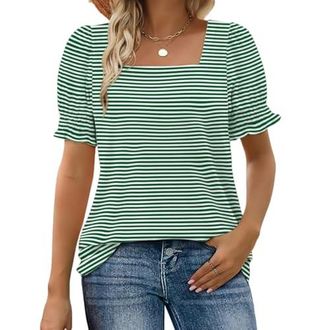 Generic T-shirt d&eacute;contract&eacute; &agrave; col carr&eacute; et manches smock&eacute;es pour femme, haut habill&eacute; et d&eacute;contract&eacute; &agrave; manches volant&eacute;es, Rayures vertes, XXL