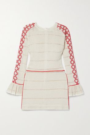 Rue Mariscal Minikleid Aus Baumwolle In H&auml;keloptik Mit Stickereien Und Fransen - Ecru