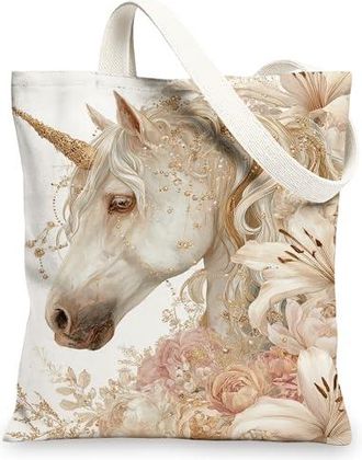 Generic Sacs fourre-tout en toile motif cheval magique, sacs de courses réutilisables, chics, légers, lavables à lépaule, blanc, 13x15 Inch