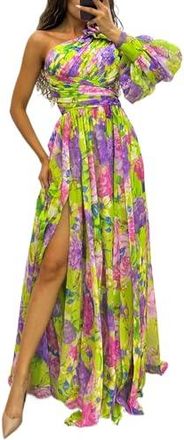 Generic Robe Maxi de Vacances pour Femmes, Manches lanternes, Une &eacute;paule, Fente Haute, Robe Maxi Florale (Jaune,TG)