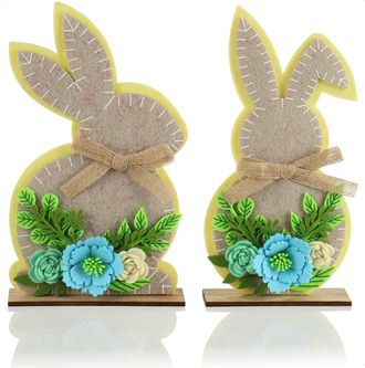 Com-Four 2X Deko-Aufsteller Osterhase mit Blumen - Osterdeko zum Hinstellen - Osterdekoration aus Filz mit Holzfuß (2 Stück - bunt 25cm)
