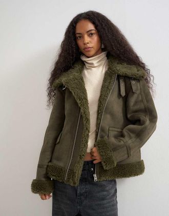 Topshop veste oversize &agrave; col en imitation peau de mouton, kaki-Vert