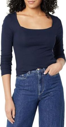 Amazon Essentials T-Shirt Ajust&eacute; &Agrave; Manches Mi-Longues Et Col Carr&eacute; Femme, Bleu Marine, XXL