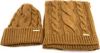 Michael Kors SET Schal&M&uuml;tze I Zopfmuster I Winterschal I Beanie I Wollschal I Winterm&uuml;tze I One Size I Weiche Acrylwolle I Logo I Goldener Geschenkkarton (BRAUN)