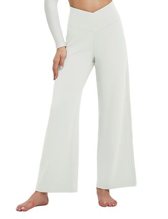 Baleaf Weite Hose Damen Yogahose mit Taschen Stoffhose Hohe Taille Jogginghose Straighthose Bauchkontrolle Schlaghose Sporthose Petite Wei&szlig; 3XL