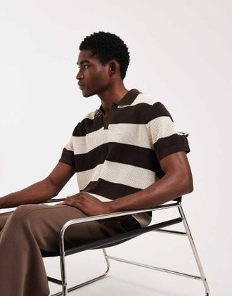 Lacoste Polo en maille ray&eacute;e &agrave; manches courtes - Marron-Brown