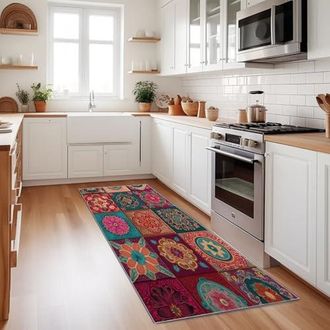 Generic Tapis de Couloir Long 65 x 240 cm, Poil Ras Antid&eacute;rapant Tapis pour Porte Buanderie, Boh&egrave;me G&eacute;om&eacute;trique Carrelage Floral Long Entr&eacute;e Doux pour Interie