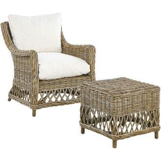 Beliani Beliani - Fauteuil en Rotin Naturel pour Int&eacute;rieur et Ext&eacute;rieur avec Repose-Pieds et Coussins Blanc-Cass&eacute; Ribolla