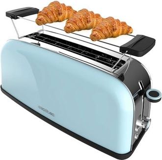 Cecotec Grille-pain Vertical 1 Fente Longue Toastin time 850 Blue Long. 850 W, 2 Tranches de Pain, Fente Large de 3,8 cm, Support pour Pains et Tiroir Ramasse