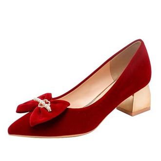 Generic Chaussures de Mariage pour Femmes, Escarpins &agrave; Bout ferm&eacute; avec noeud et Perles, Talons &eacute;pais, Sandales Satin, Chaussures mari&eacute;e Talons de 5 cm,Rouge,3