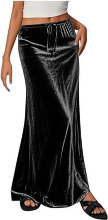 Generic Jupe longue en velours doré pour femme avec cordon de serrage taille haute et taille élastique - Jupe trapèze élégante pour le bureau, le travail, les