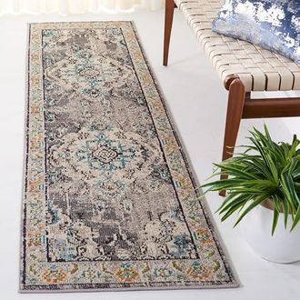 Safavieh Tapis Boho Pour Salon, Salle à manger, Chambre à coucher - Monaco Collection, Tapis à poil court, Gris et bleu clair, 66 X 183 cm