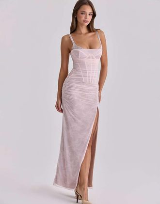 House of CB Lini - Maxikleid aus Spitze und Netzstoff in Babyrosa