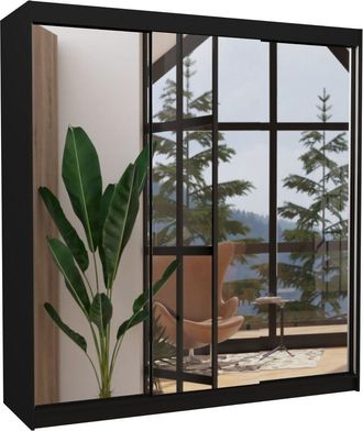 Les Tendances Les Tendances - Armoire chambre adulte 2 portes coulissantes bois noir et miroir Kostina 200cm