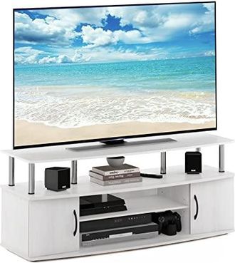 Furinno JAYA Großes Entertainment-Center für bis zu 55-Zoll-Fernseher, weiße Eiche, Edelstahlrohre