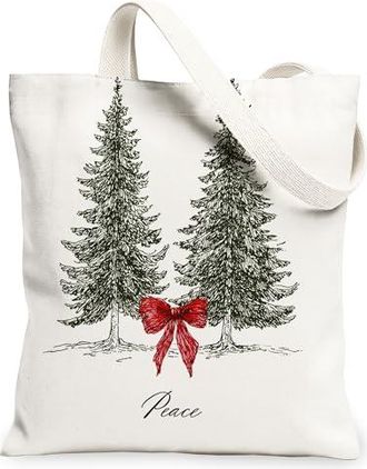 Generic Sacs fourre-tout en toile motif arbres de No&euml;l, sacs d&eacute;picerie r&eacute;utilisables, rustiques, l&eacute;gers, lavables, blanc, 13x15 Inch