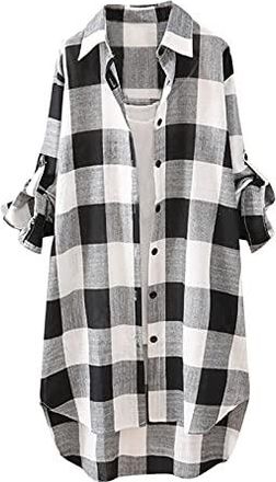 Generic Tunique boutonn&eacute;e pour femme, ample, tendance, d&eacute;contract&eacute;e, pour sortir, coupe ample, &agrave; manches longues, t-shirt &agrave; manches longues, t-shirt enroul&eacute;, 