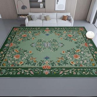 Generic Tapis de Salon Lavable - Antidérapant à Poils Courts Doux Chambre Poil Ras Tapis Campagne Française Fleurs Vignes, Vert pour Salle à Manger Chambre de