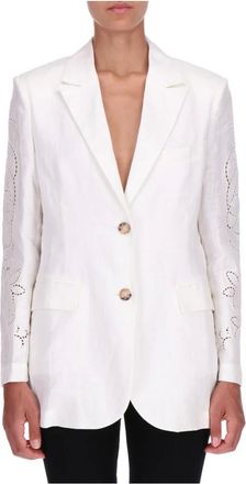 Ermanno Scervino Femme, Vestes, Blanc, Taille: 44 FR Veste en lin boutonn&eacute;e &agrave; simple boutonnage avec broderie Sangallo