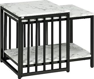 HOMCOM Lot de 2 Tables dappoint Tables gigognes Tables Basses empilables avec Plateau Aspect Bois Effet marbre Cadre en m&eacute;tal Noir
