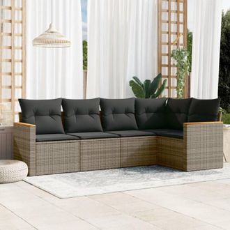vidaXL 5-tlg. Garten-Sofagarnitur mit Kissen Grau Poly Rattan - Vidaxl