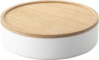 Yamazaki Tableware 5801 RIN Runde Aufbewahrungsbox mit Deckel, weiß, Stahl/Holz, minimalistisch, 22 x 22 x 6 cm